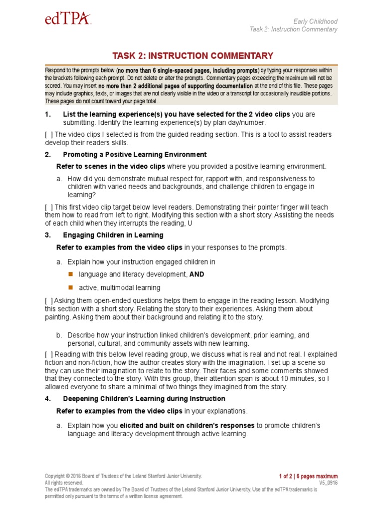 Edtpa Ech Instruction Commentary | PDF | Reading (Process) | Learning