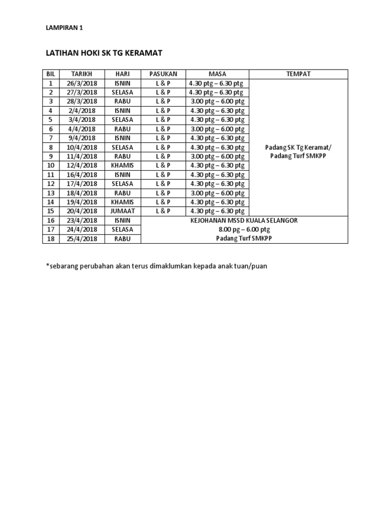 Jadual Latihan Hoki 2018 | PDF