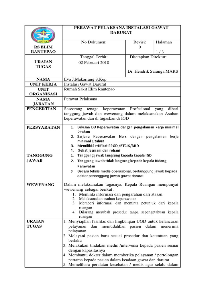Uraian Tugas Perawat Igd | PDF | Kesehatan Holistik