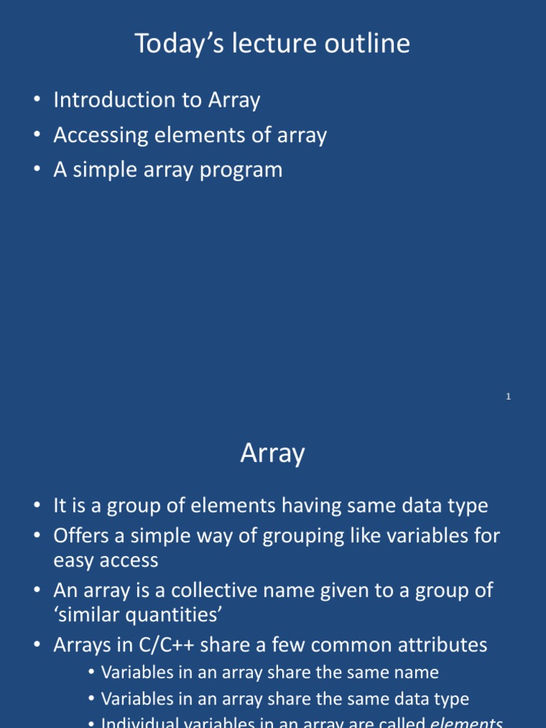 Today's Lecture Outline: - Introduction To Array - Accessing Elements ...