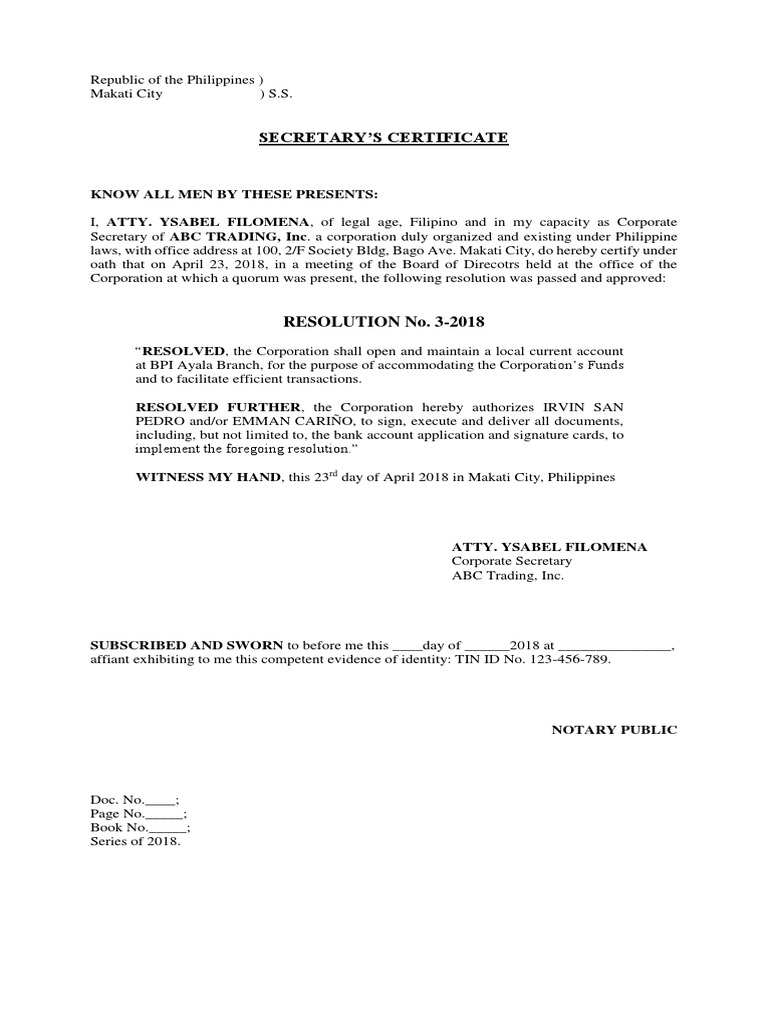 Secretary's Certificate for Bank Account Opening | PDF | Finance ...