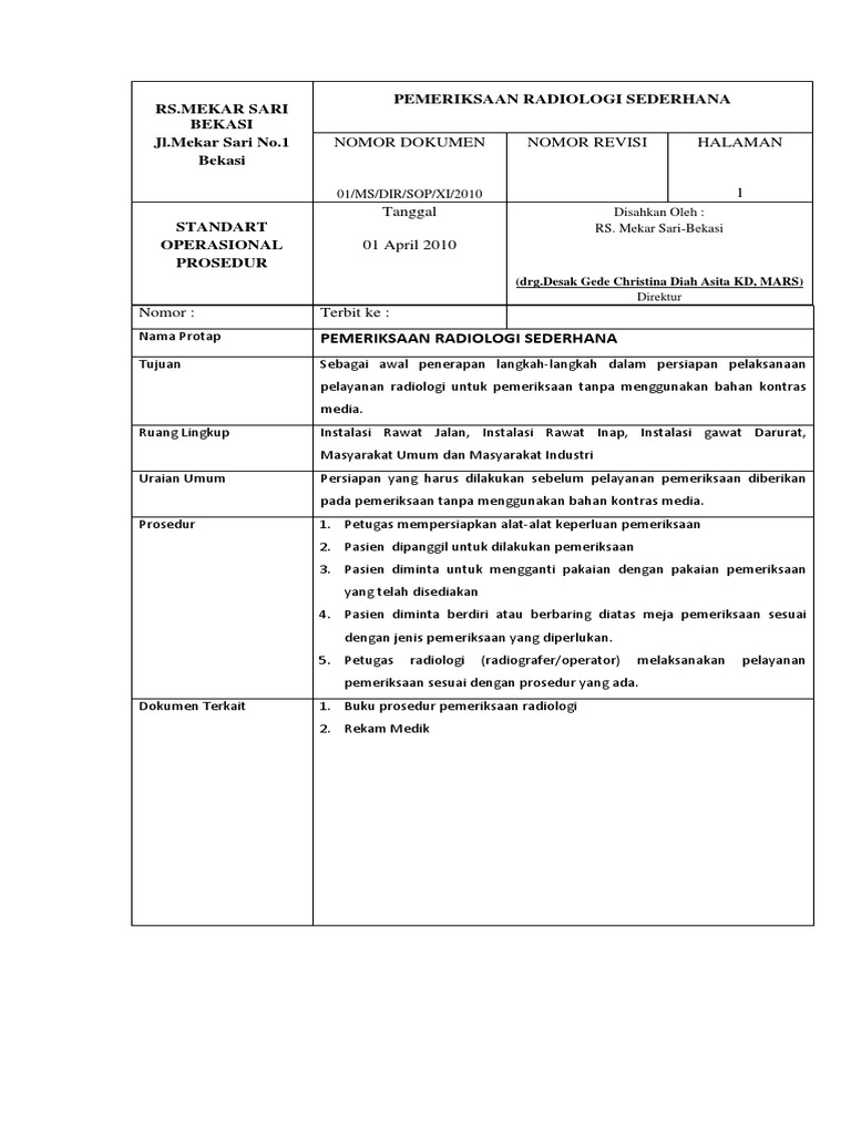 Prosedur Pemeriksaan Radiologi RS Mekar Sari | PDF
