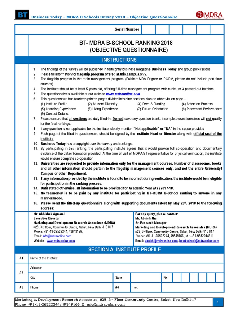 Objective Questionnaire BT-MDRA B-School Survey 2018 | PDF | Master Of ...