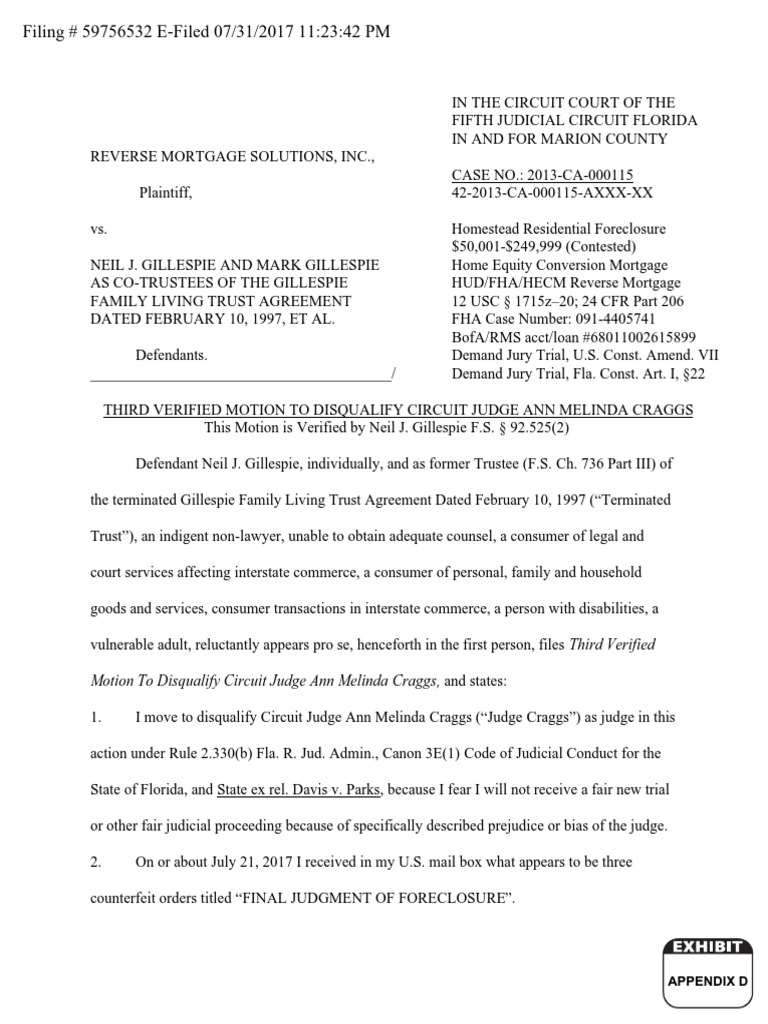 Appendix D, Third Verified Motion To Disqualify Circuit Judge Ann Melida Craggs PDF | PDF ...