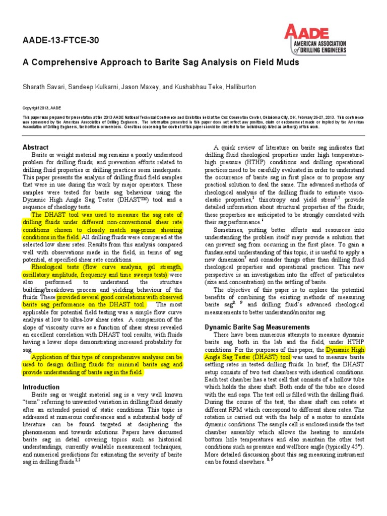Barite Sag Analysis On Field Muds | PDF | Viscoelasticity | Rheology