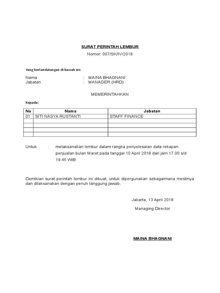 CONTOH Surat Perintah Lembur | PDF