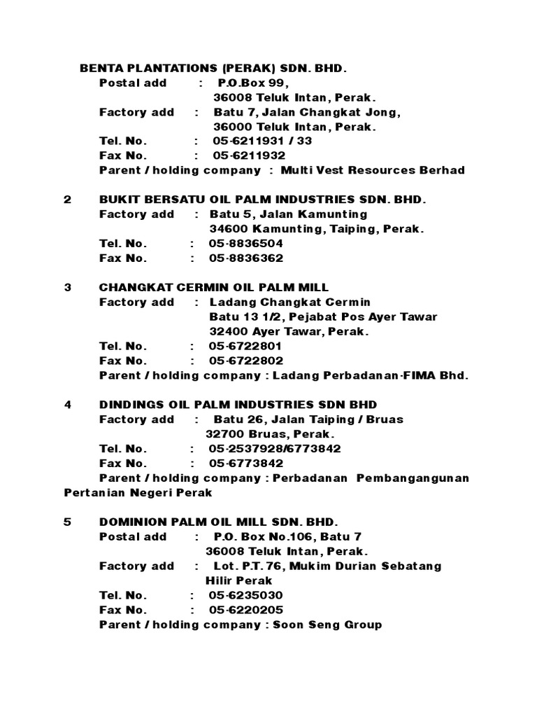 Senarai Kilang Sawit Hilir Perak | PDF