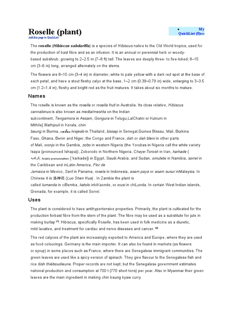 Roselle (Plant) : Names | PDF | Food And Drink | Food Ingredients