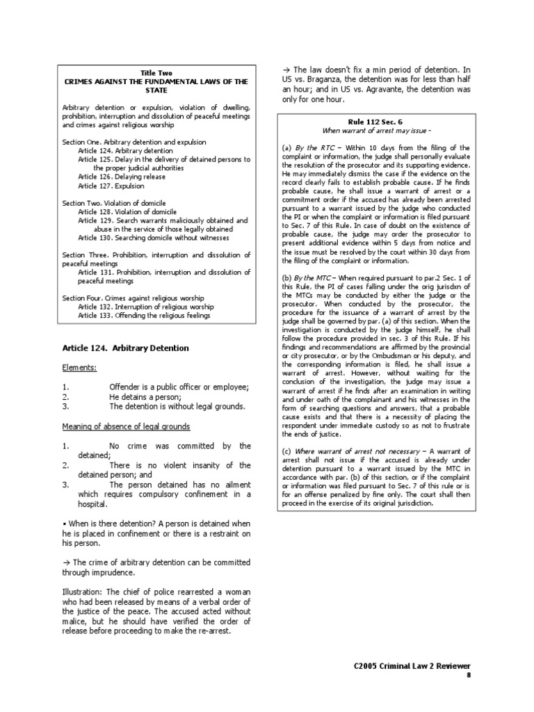 Title Two Crimes Against The Fundamental Laws of The State: Article 124. Arbitrary Detention ...