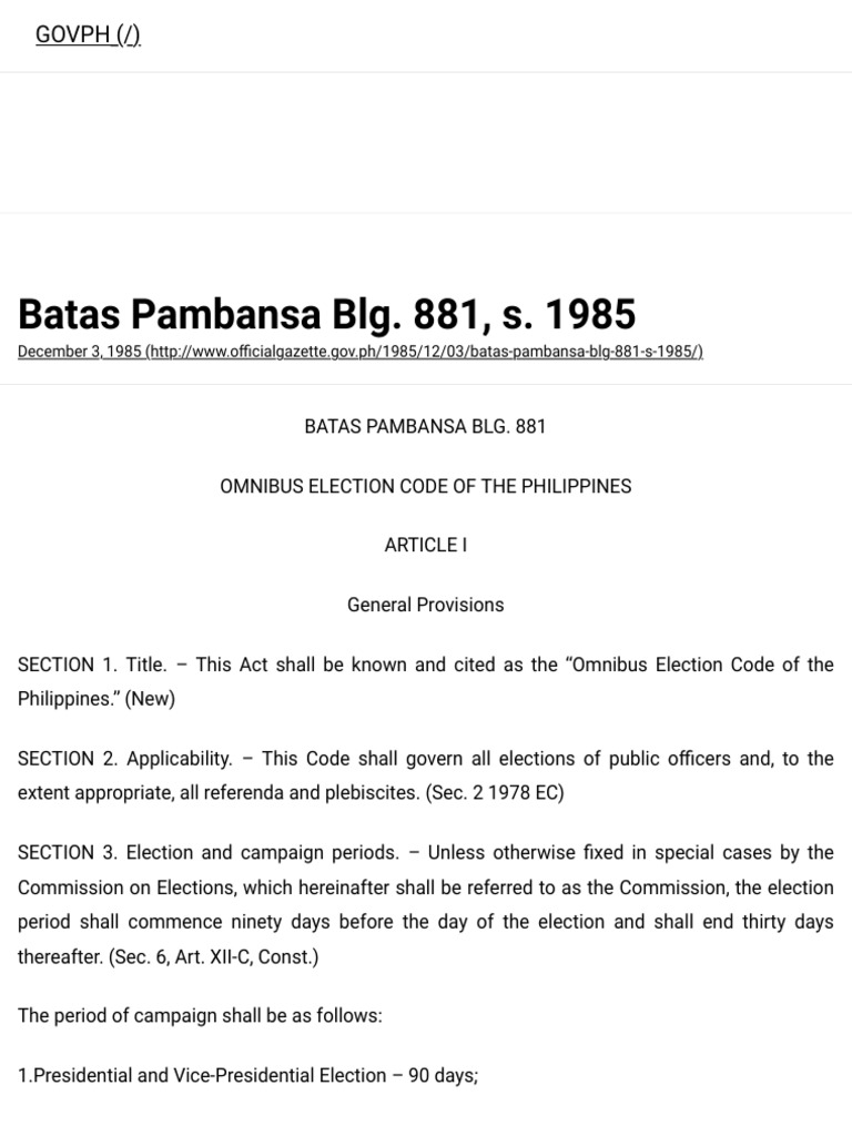 Batas Pambansa Blg. 881, S. 1985 - Official Gazette of The Republic of ...