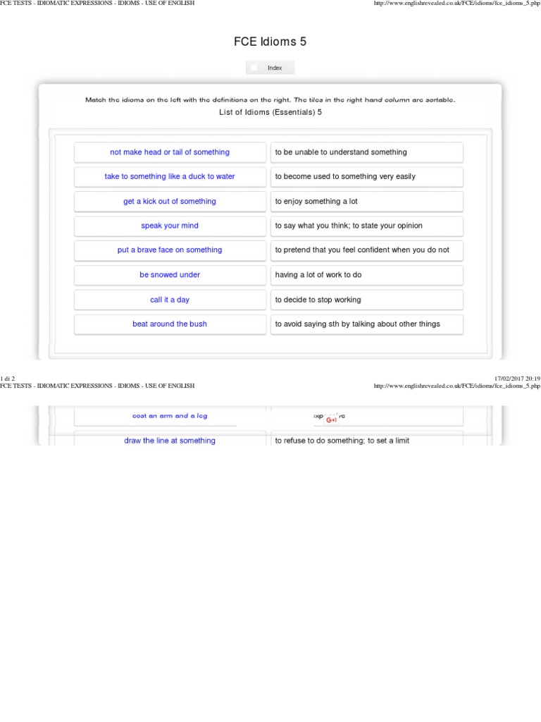 FCE Idioms Matching Exercise | PDF