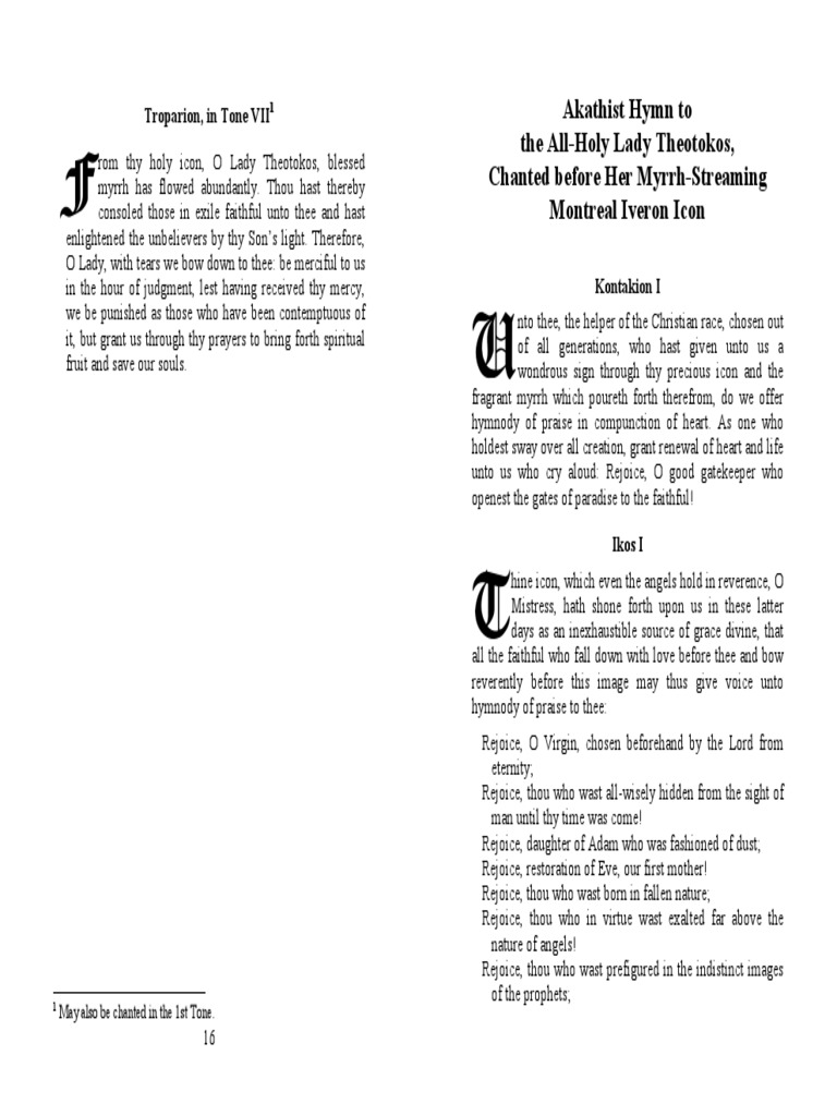 Akathist Hymn To The All-Holy Lady Theotokos, Chanted Before Her Myrrh ...