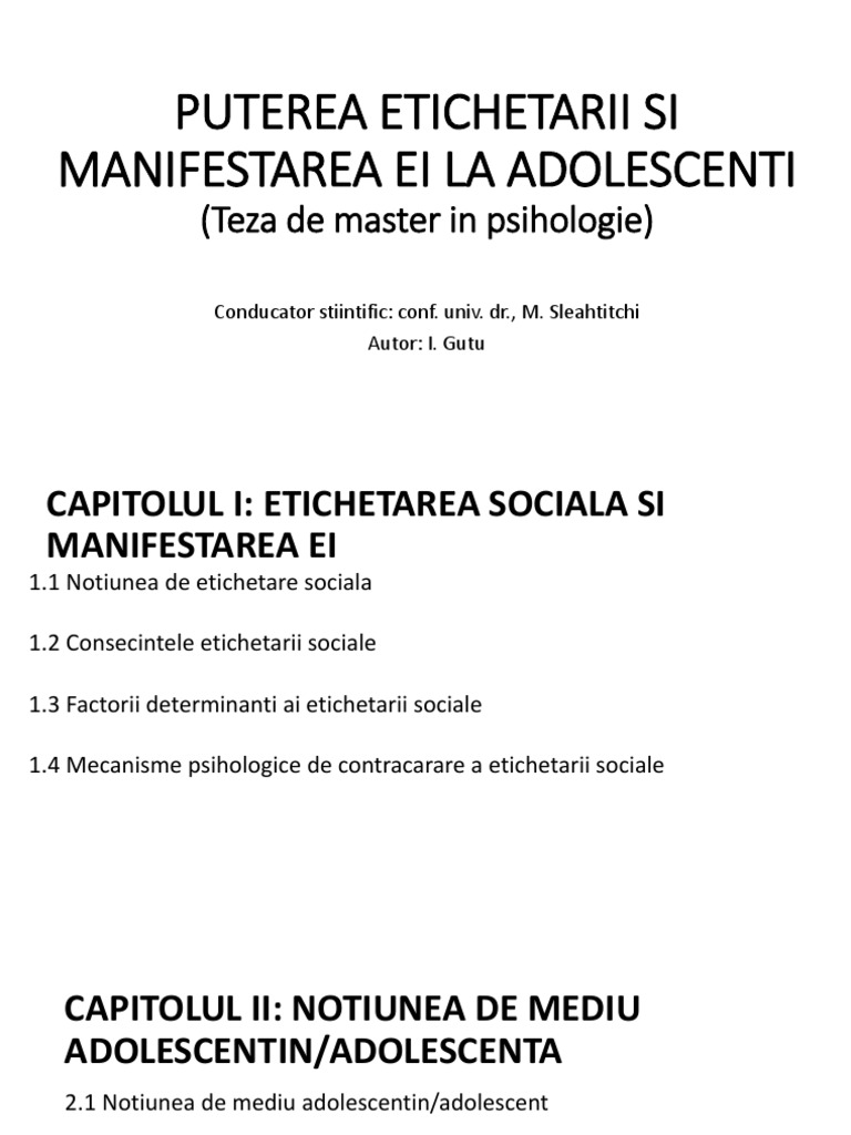 Puterea Etichetarii Si Manifestarea Ei La Adolescenti: (Teza de Master in Psihologie) | PDF ...