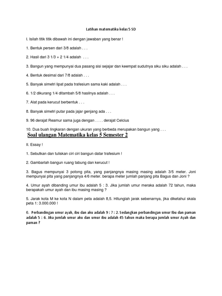 Latihan Matematika Kelas 5 SD Semester 2 | PDF