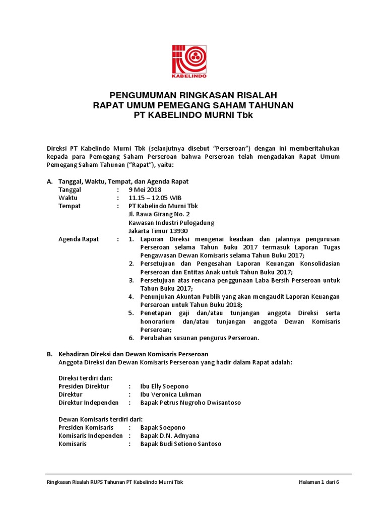 Pengumuman Hasil RUPS Ind 2018 | PDF