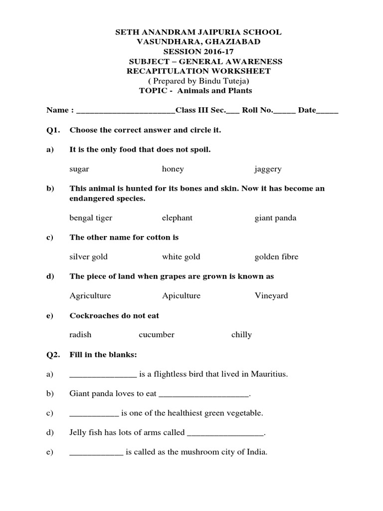 General Awareness Worksheet Class3 | PDF | Nature