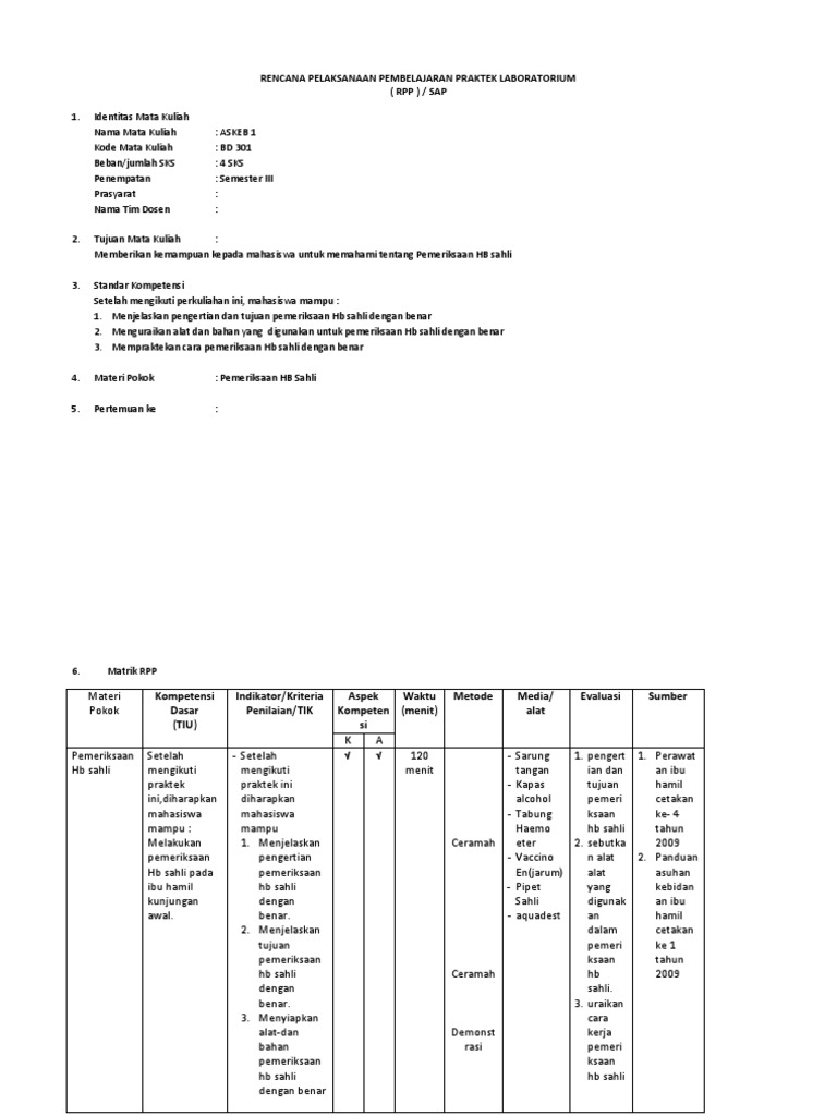 Rencana Pelaksanaan Pembelajaran Praktek Laboratorium (RPP) / Sap | PDF