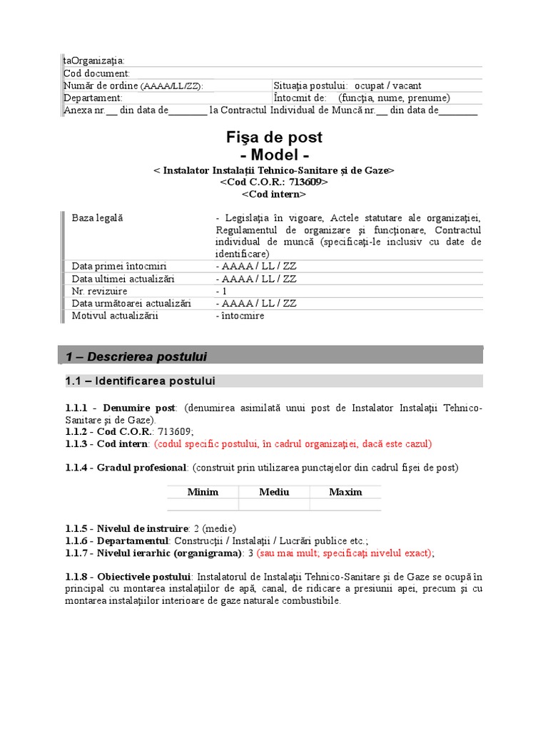 Documents - Tips - Model Fisa Post Instalator Instalatii Tehnico ...