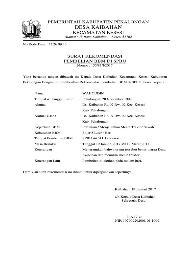 Surat Rekomendasi BBM | PDF