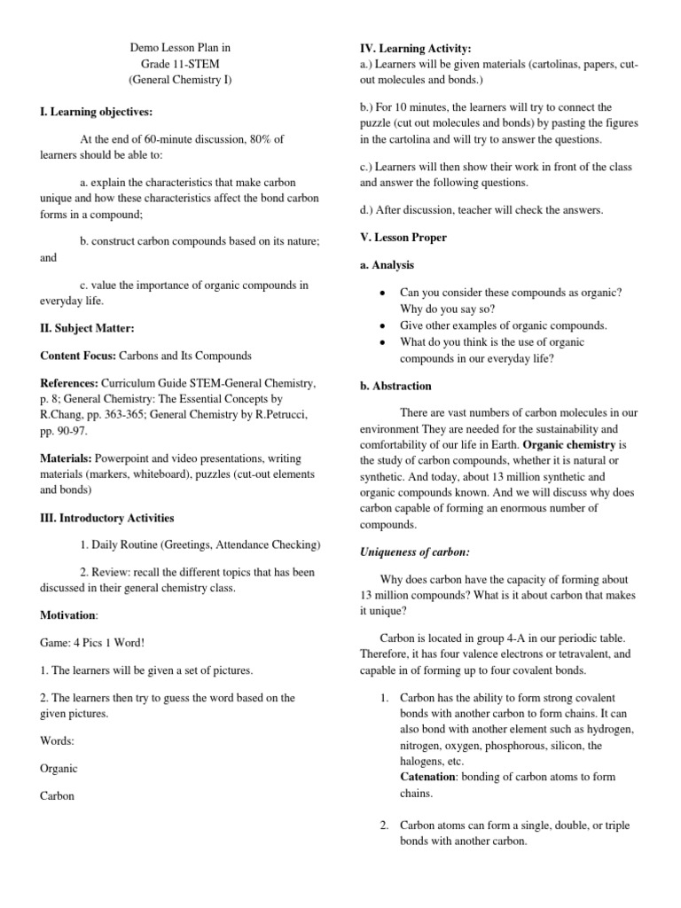 Carbon Compounds Lesson Plan for STEM | PDF | Chemical Bond | Organic ...