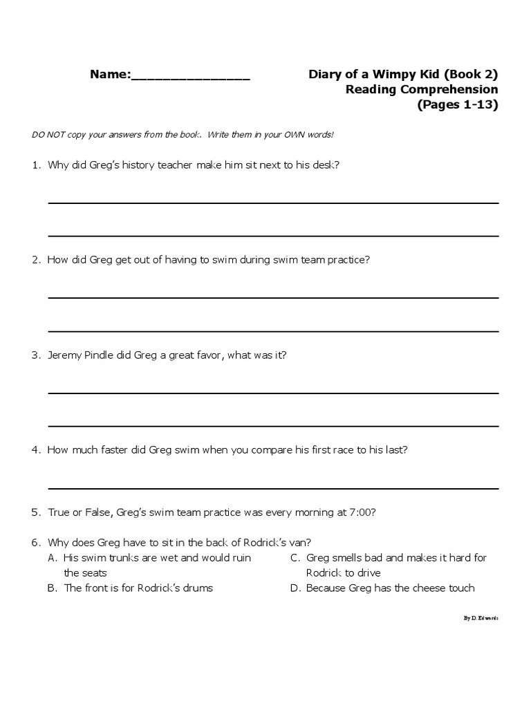 Diary of a Wimpy Kid Book 2 Quiz | PDF | Self Reflexive Books | Books