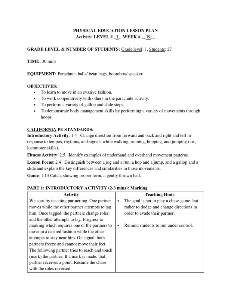Parachute PE Lesson Plan for Grade 1 | PDF | Parachute | Physical Education