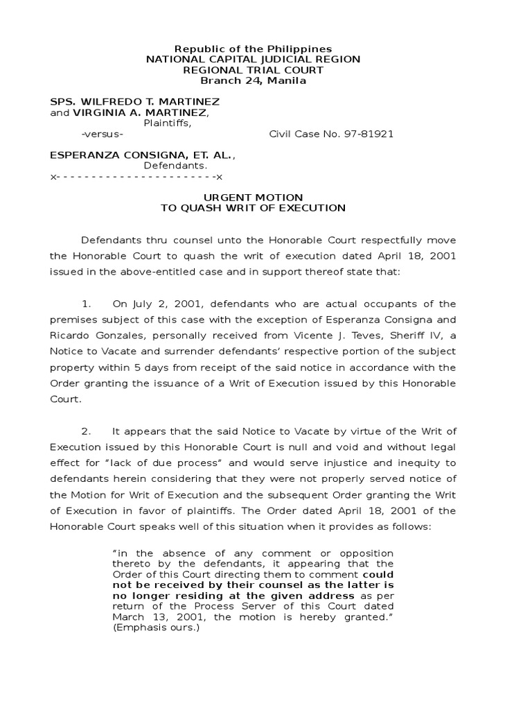 Motion To Quash Writ of Execution | PDF | Writ | Judgment (Law) Motion To Quash Writ of Execution | PDF | Writ | Judgment (Law)