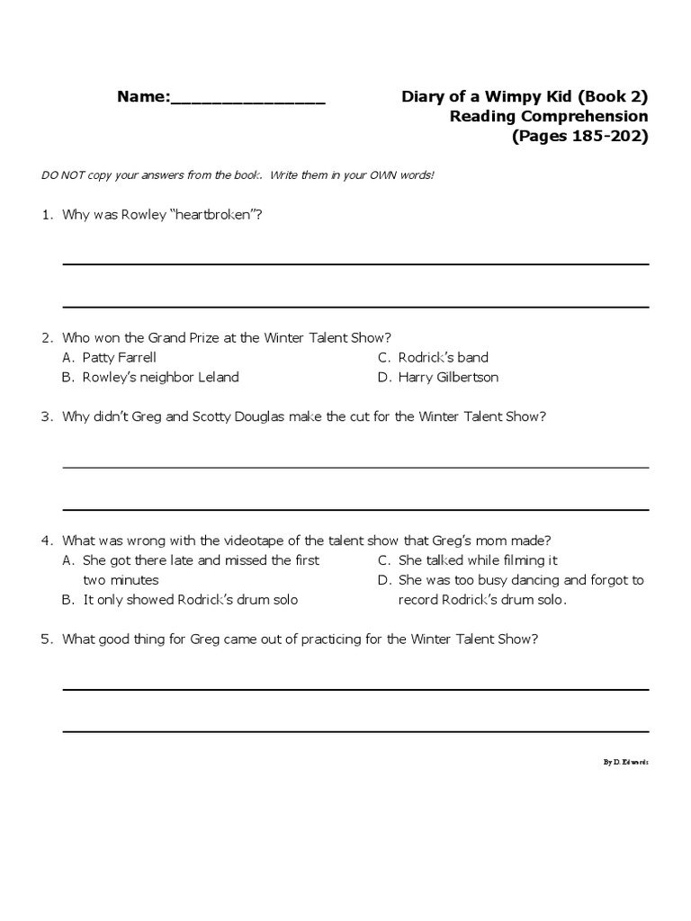 Diary of a Wimpy Kid Book 2 Comprehension | PDF | Diary | Children's Novels