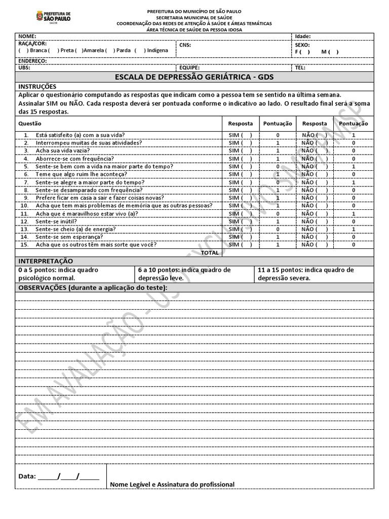 Escala de Depressão Geriátrica - GDS: Instruções | PDF | Depressão ...