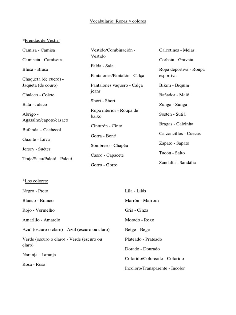 Vocabulario de Ropa y Colores | PDF