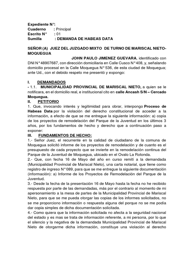 Modelo de Habeas Data | PDF | Ley Pública | Virtud