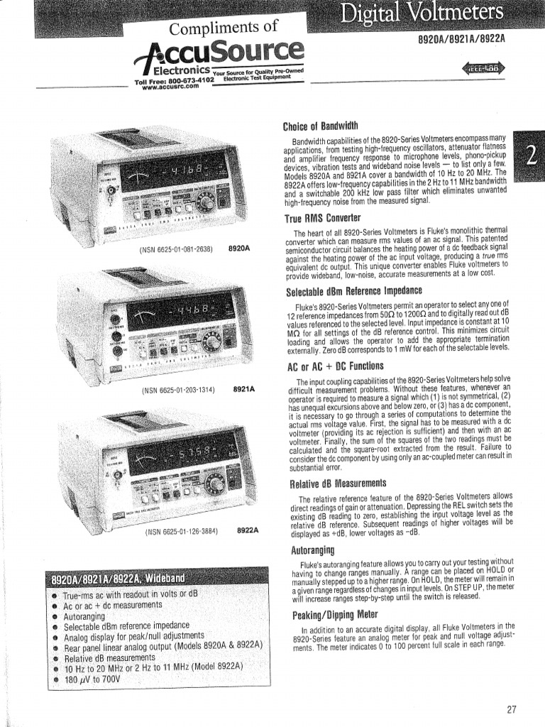 Fluke 8920A 8921A 8922A Datasheet PDF | PDF