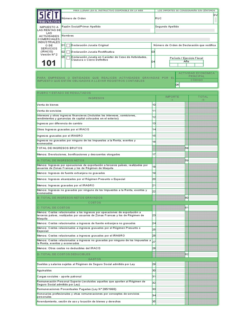 Formulario 101: Declaración IRACIS | PDF | Beneficio (economía) | Impuestos