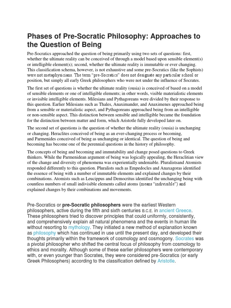 Phases of Pre-Socratic Philosophy: Approaches To The Question of Being ...