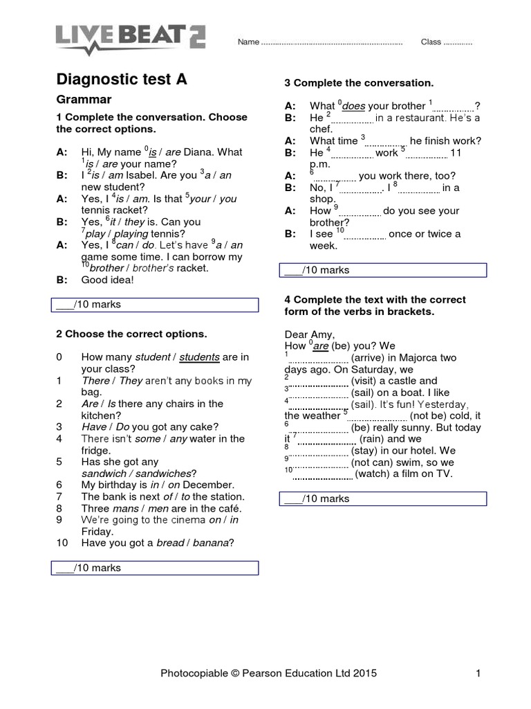 Diagnostic Test A: Grammar | PDF | Foods