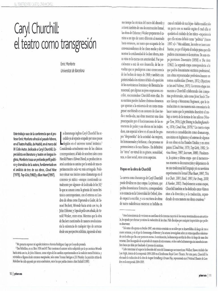 CARYL CHURCHILL, El Teatro Como Transgresión y TOP GIRLS | PDF