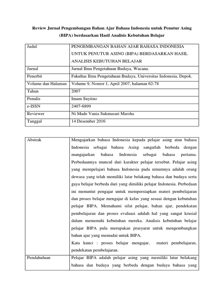 Review Jurnal Pengembangan Bahan Ajar Bahasa Indonesia Untuk Penutur Asing (BIPA) Berdasarkan ...