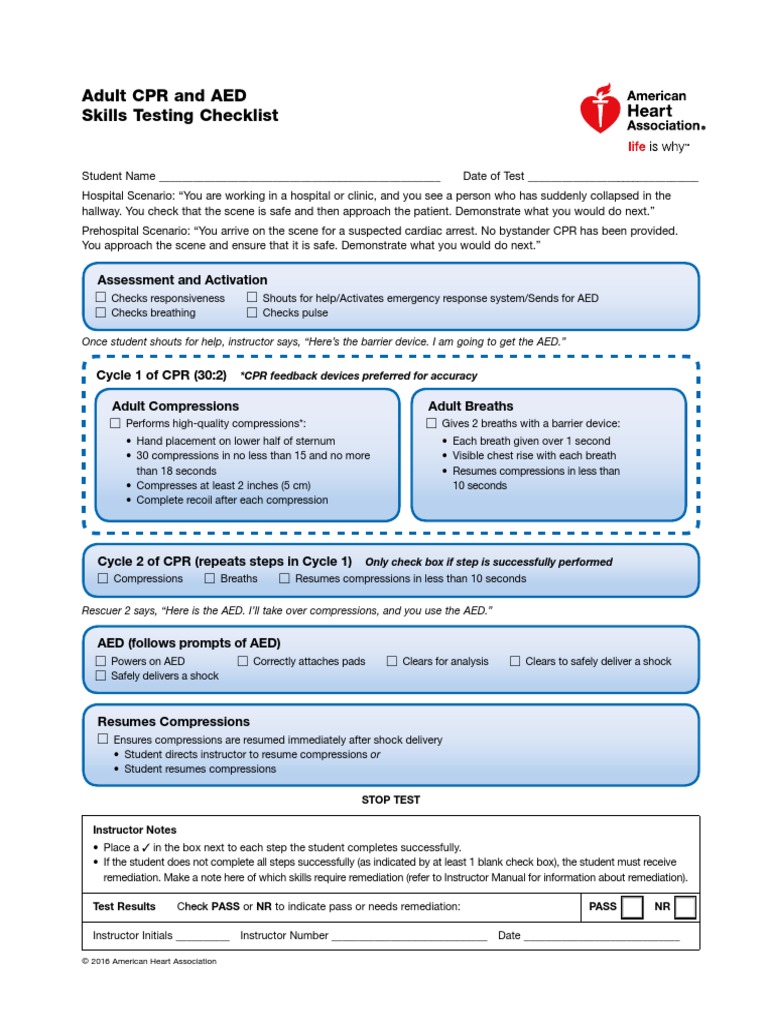 BLS Adult Skills Checklist 2016 | PDF | Cardiopulmonary Resuscitation | Cardiovascular System