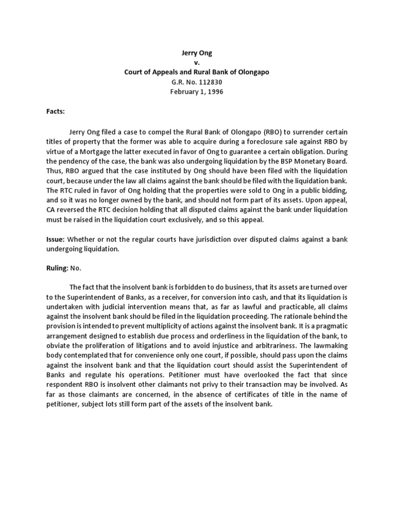Jerry Ong v. Court of Appeals and Rural Bank of Olongapo | PDF ...