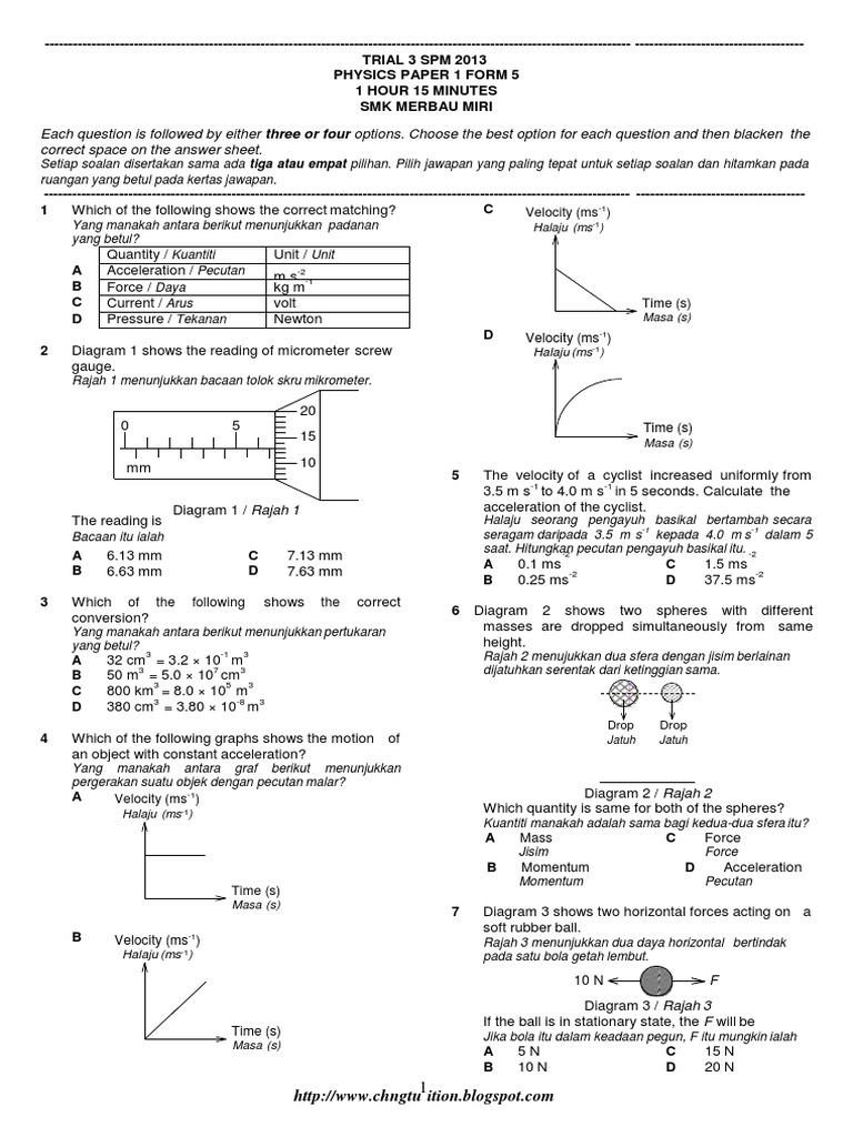Physics Paper 1 Sarawak | PDF