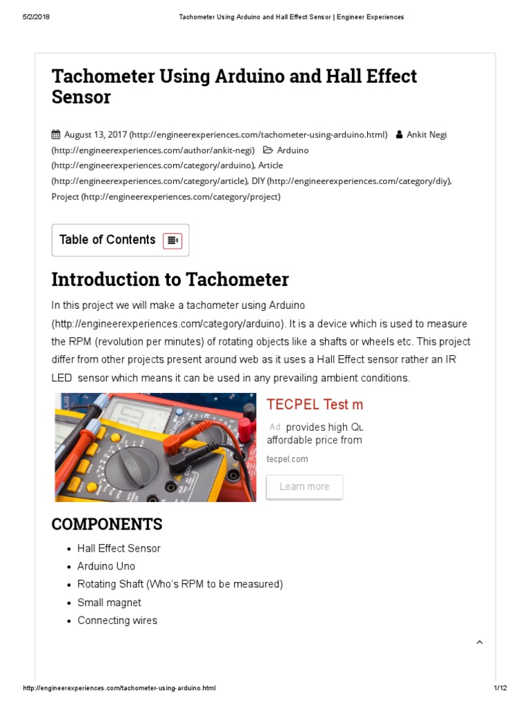 Tachometer Using Arduino And Hall Effect Sensor Engineer Experiences Pdf Arduino