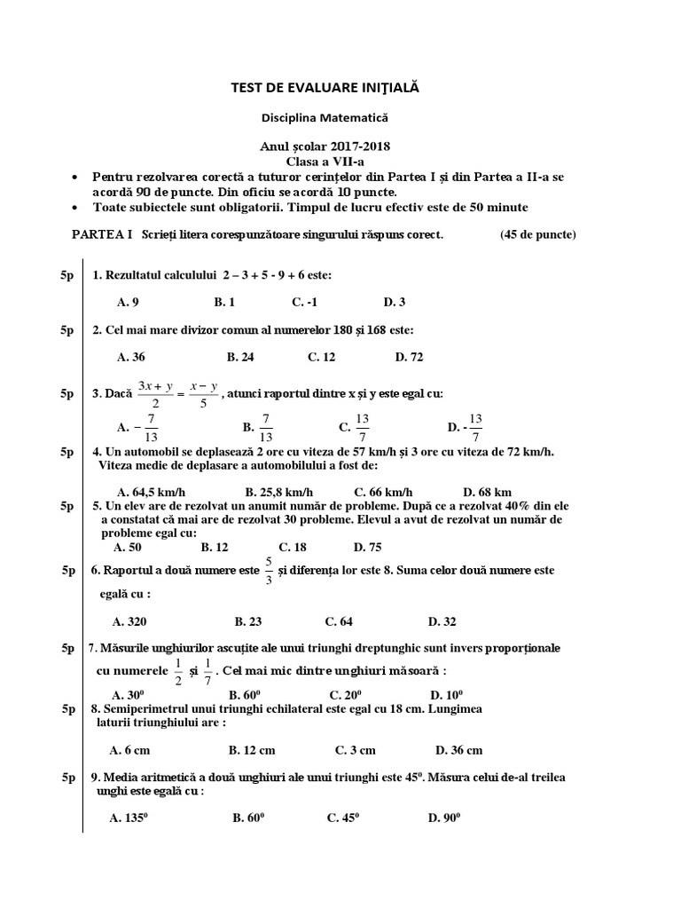 Test de Evaluare Intiala Clasa A 7 A Matematica PDF | PDF