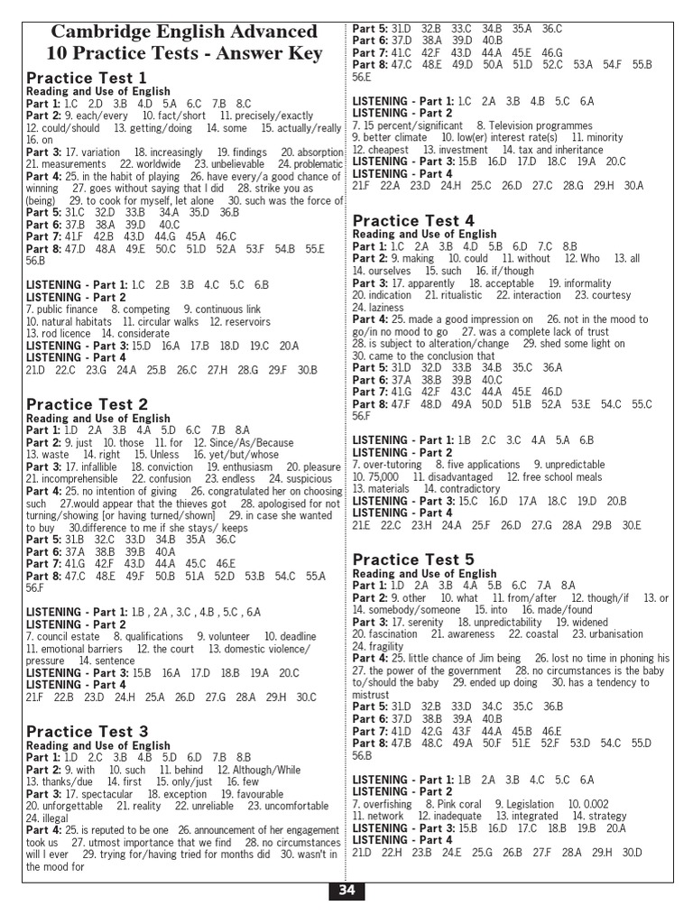 Cambridge English Advanced 10 Practice Tests - Answer Key | PDF
