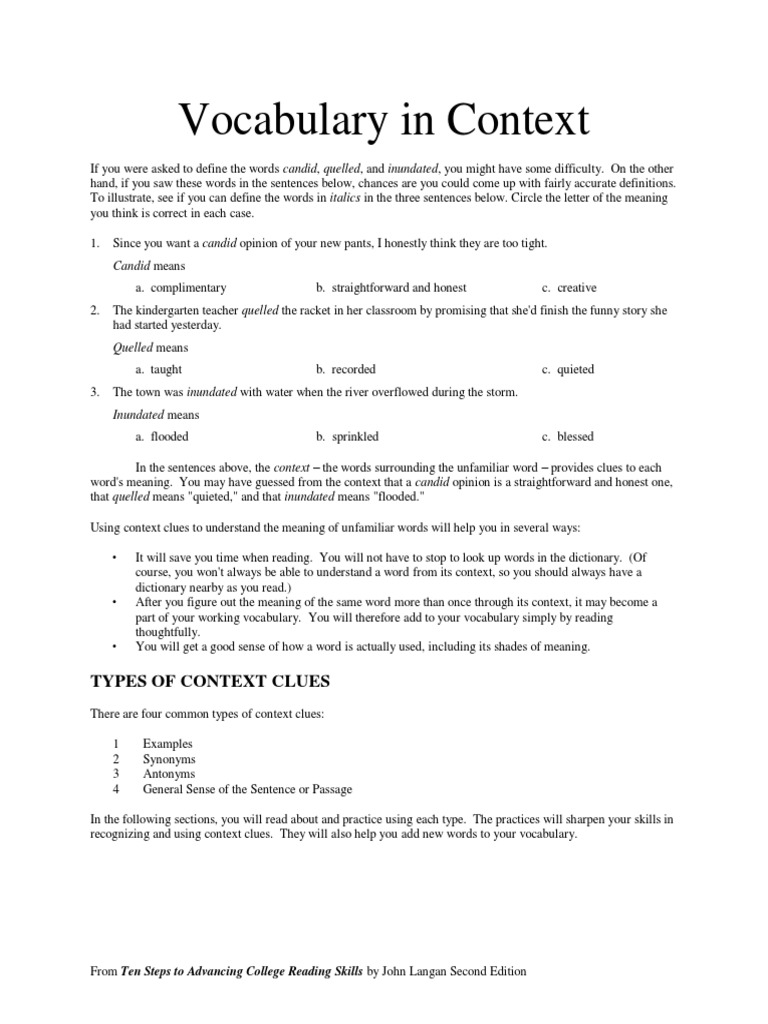 Vocab in Context PDF | Reading (Process) | Sentence (Linguistics)