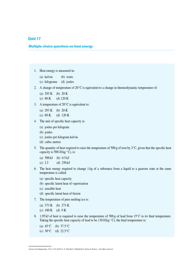 Quiz 17: Multiple-Choice Questions On Heat Energy | PDF | Heat | Latent ...