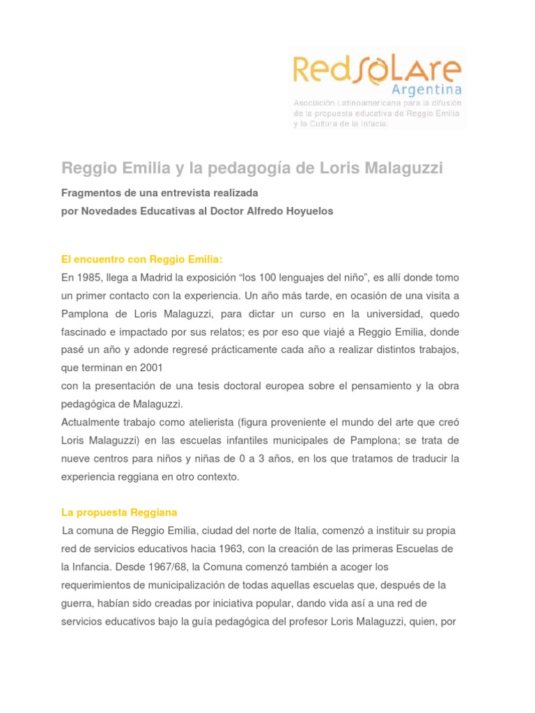 Reggio Emilia y Loris Malaguzzi | PDF | Aprendizaje | Sicología