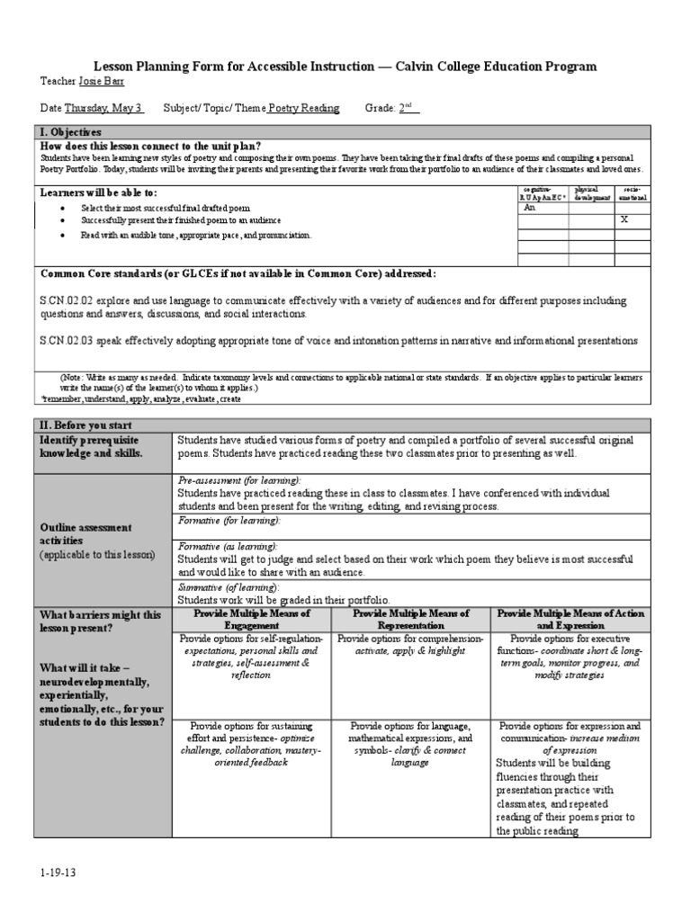 Lesson Planning Form For Accessible Instruction - Calvin College ...