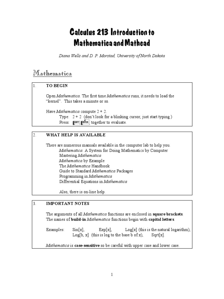 Mathematica: Calculus 213 Introduction To Mathematica and Mathcad | PDF ...