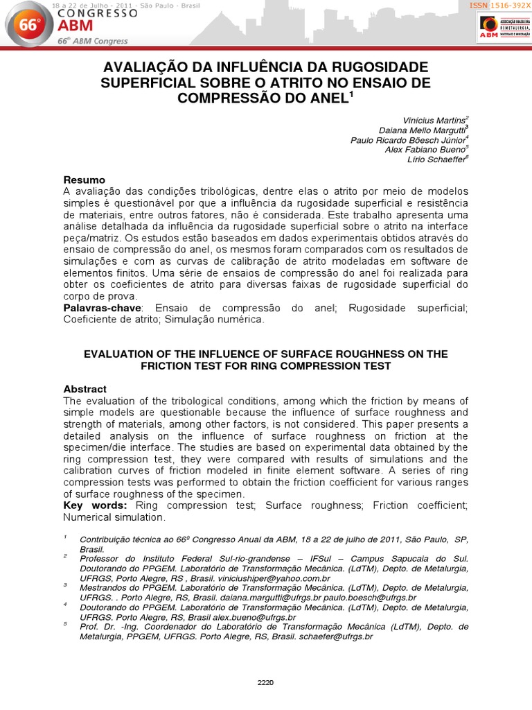 Avaliação Da Influência Da Rugosidade Superficial Sobre O Atrito No ...