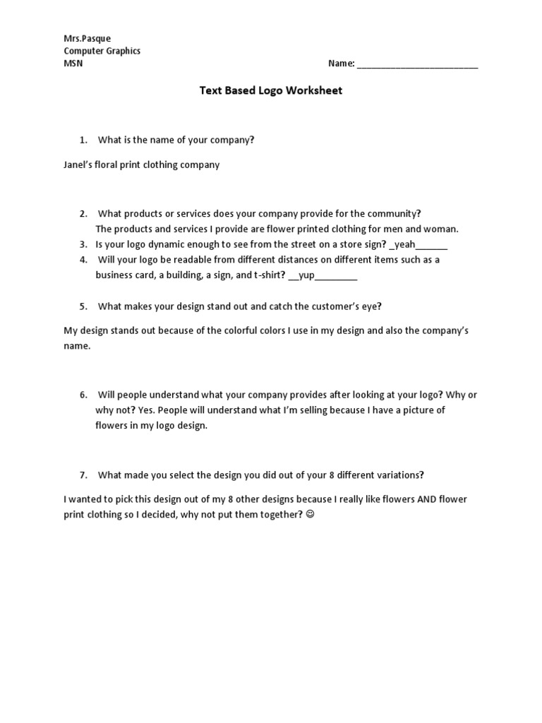 Text Based Logo Worksheet: Mrs - Pasque Computer Graphics MSN Name | PDF
